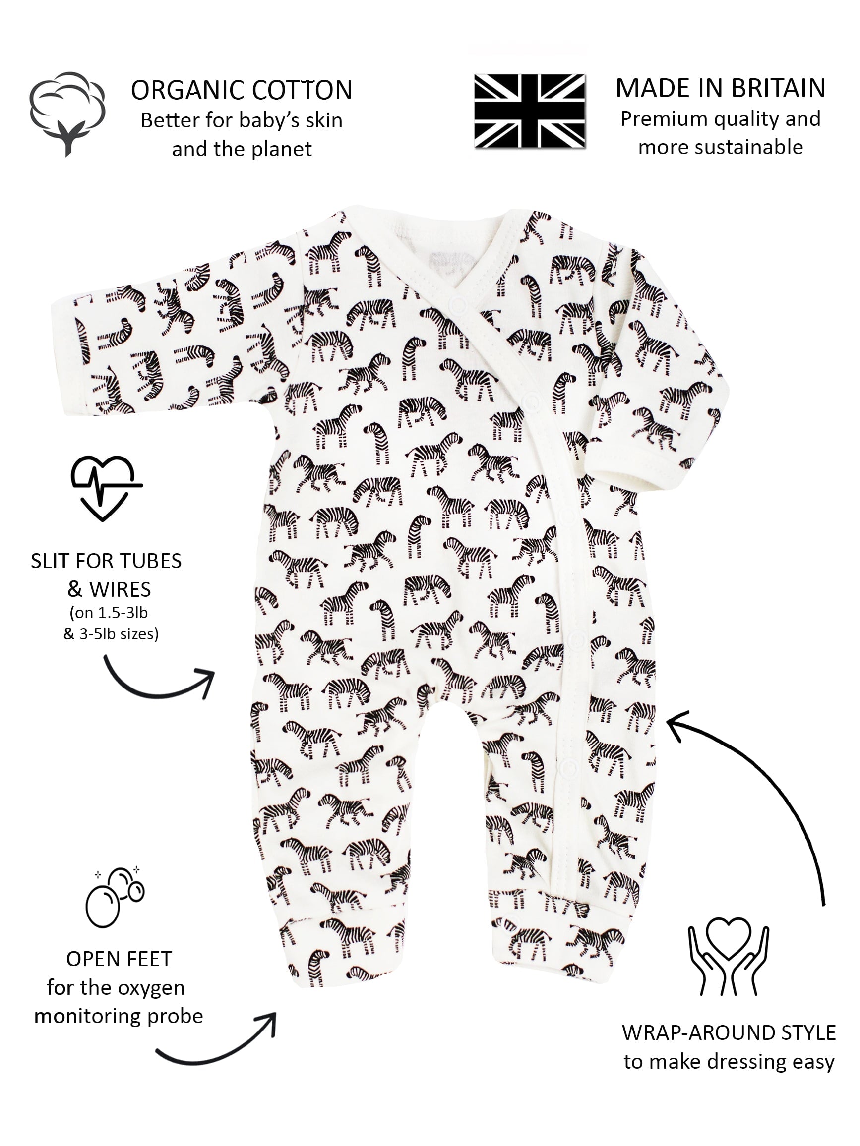 Premature Baby Sleepsuit, Little Zebras, Organic